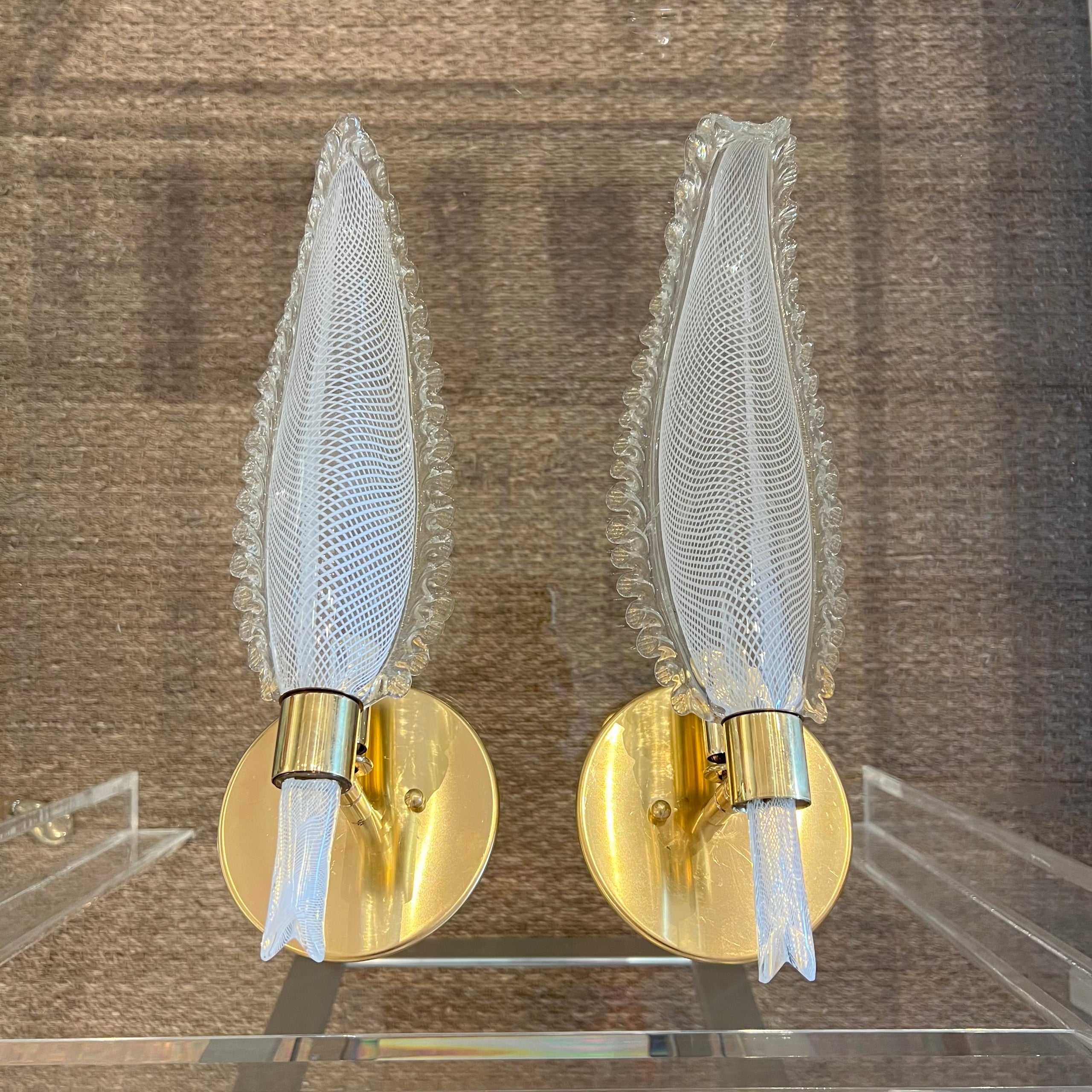 Murano Glass Leaf Sconces with Gold Inclusions and Brass Brackets ...